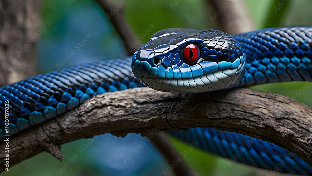 A blue and red snake is on a branch. The blue color of the snake is ...