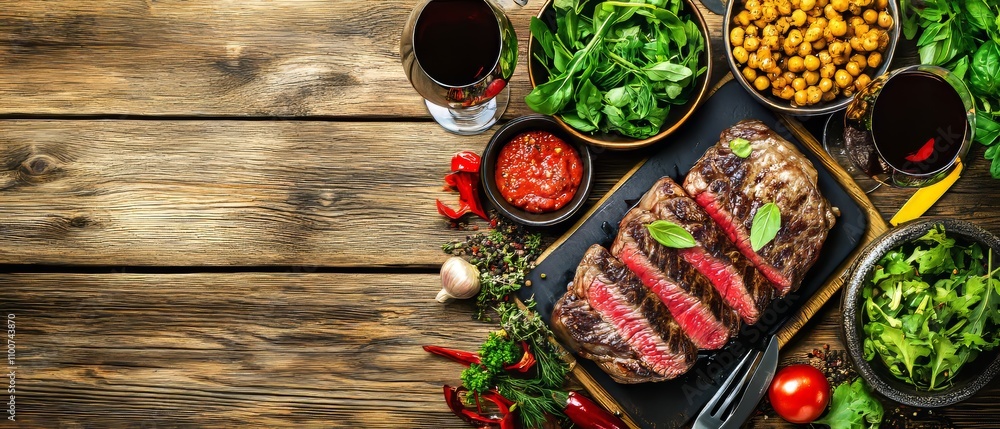 Capture a stunning top-view photograph of a perfectly seared beef steak ...