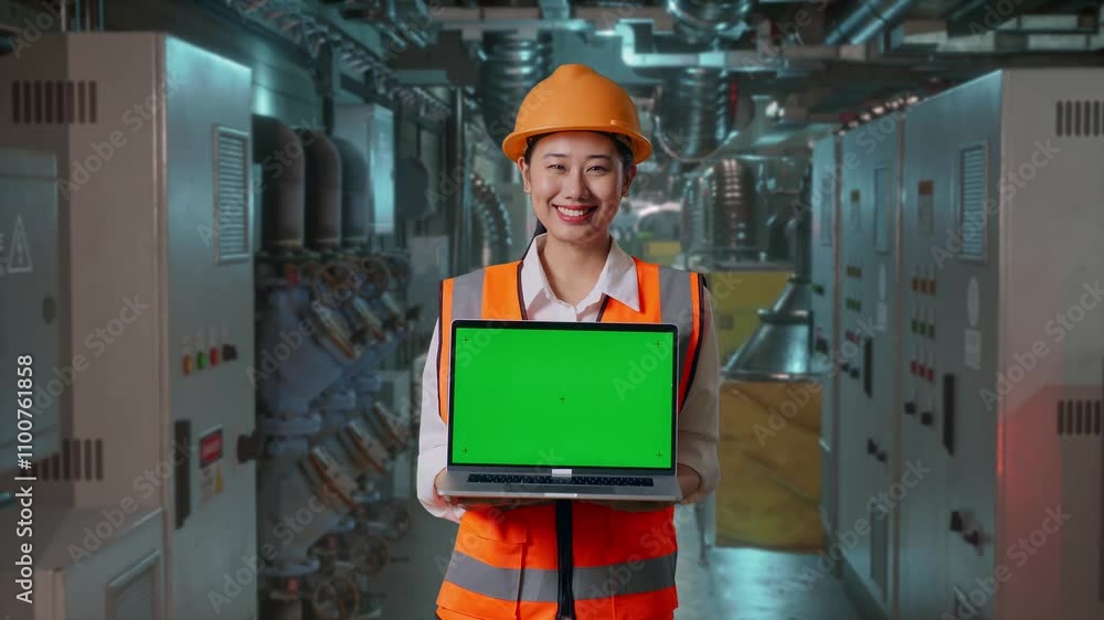 Asian Female Engineer With Safety Helmet Smiling And Showing Green ...
