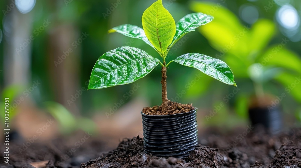 Close up view of a young green plant seedling or sapling growing in a black plastic container ...
