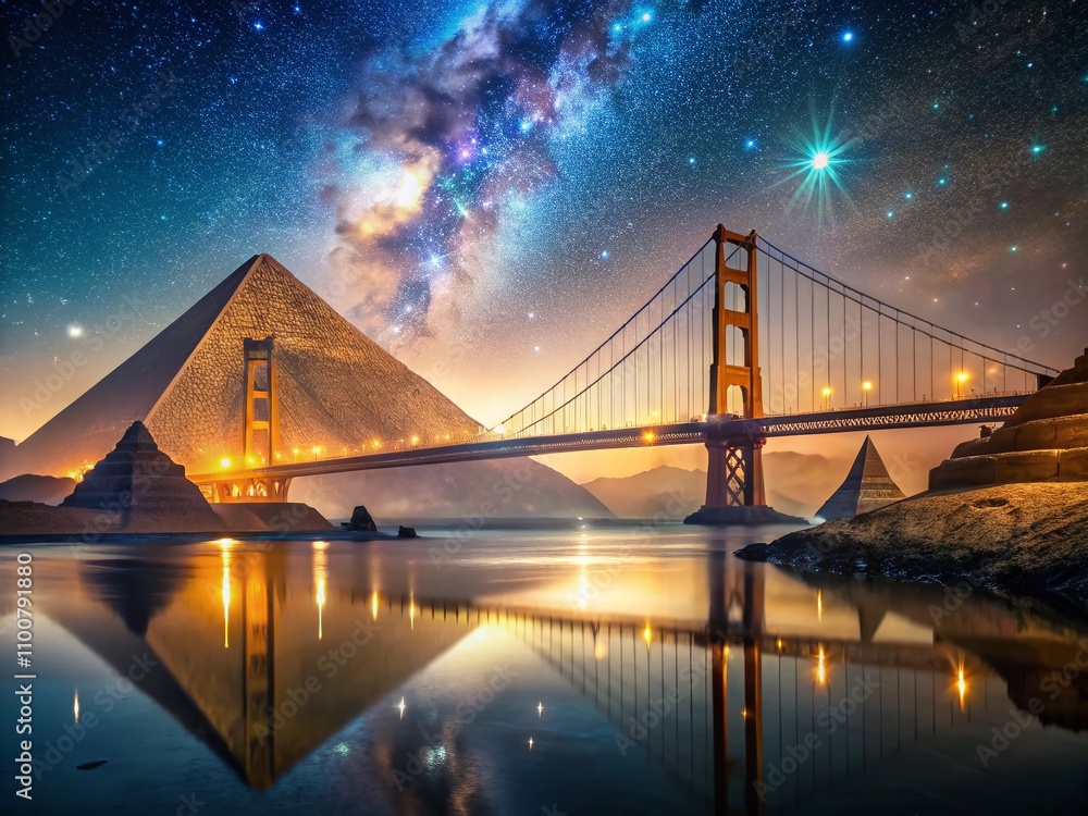 Surreal Nightscape of Golden Gate Bridge and Giza Pyramids Under a ...
