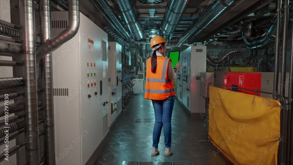 Full Body Back View Of Asian Female Engineer With Safety Helmet Working ...