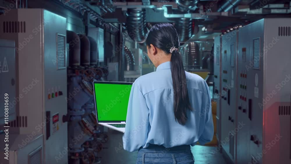 Back View Of An Asian Female Professional Worker Standing In Engine ...