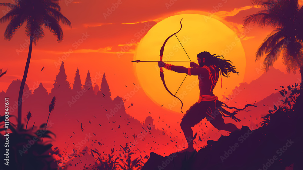 Снимка Dynamic dussehra celebration with lord rama drawing his bow in ...