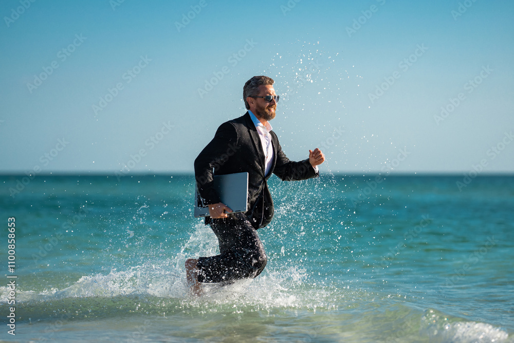 Fast business. Freelancer run outdoor. Businessman in suit with laptop ...