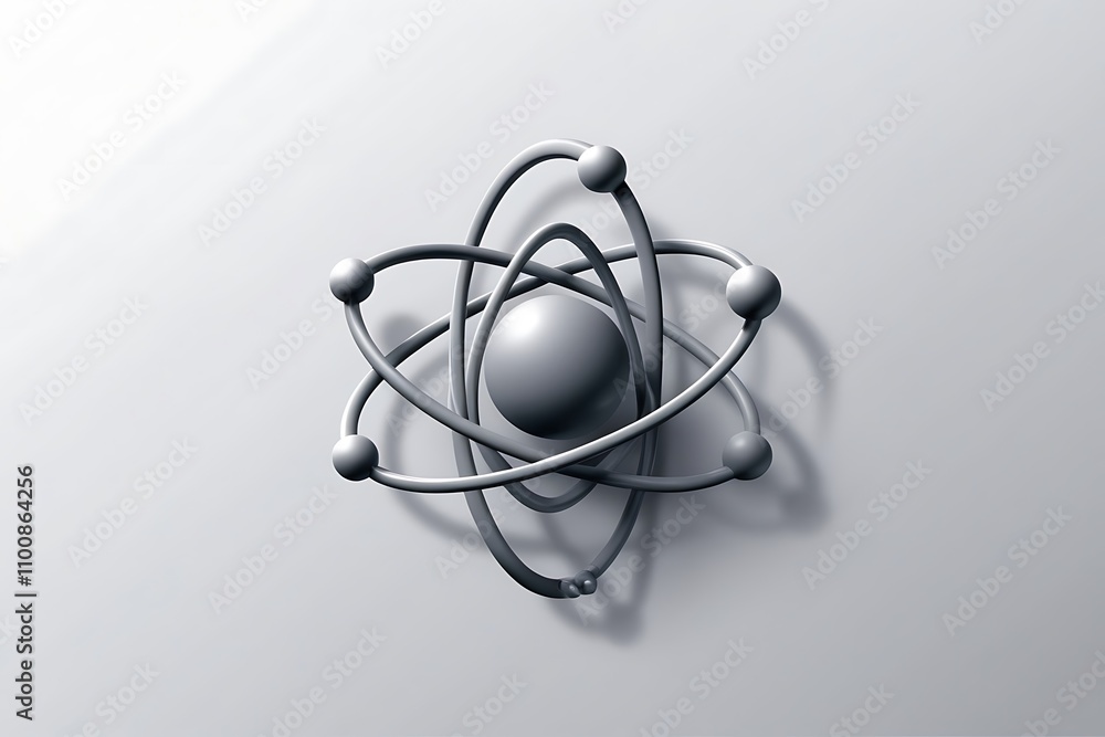 Stylized image of a silver model of the atom, the planetary system with ...