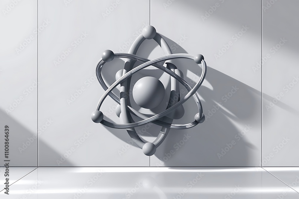 Stylized image of a silver model of the atom, the planetary system with ...