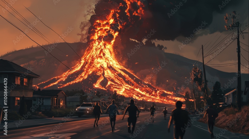 Volcano eruption causes panic among residents town streets digital art ...