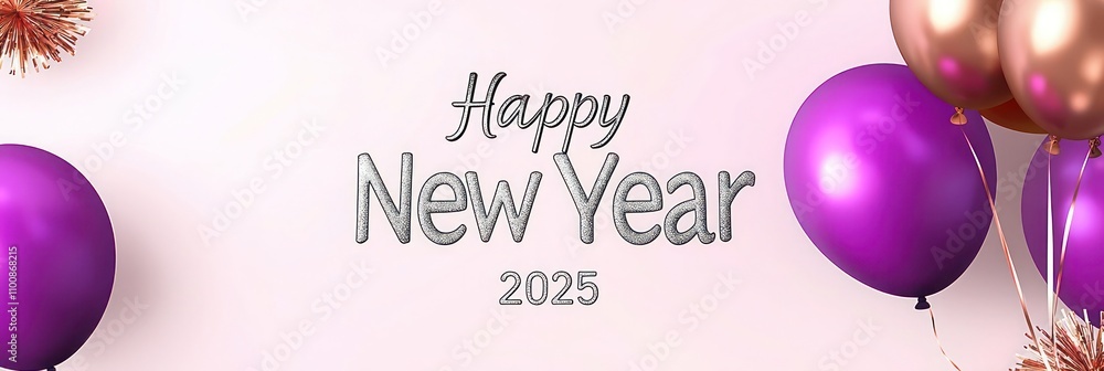 Subtle banner with bright violet and bright magenta balloons, rose gold ...