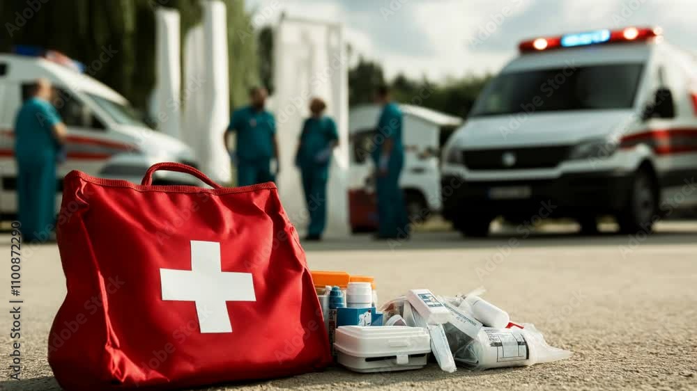 First Aid Kit for Medical Services. First aid kit stands prominently on ...