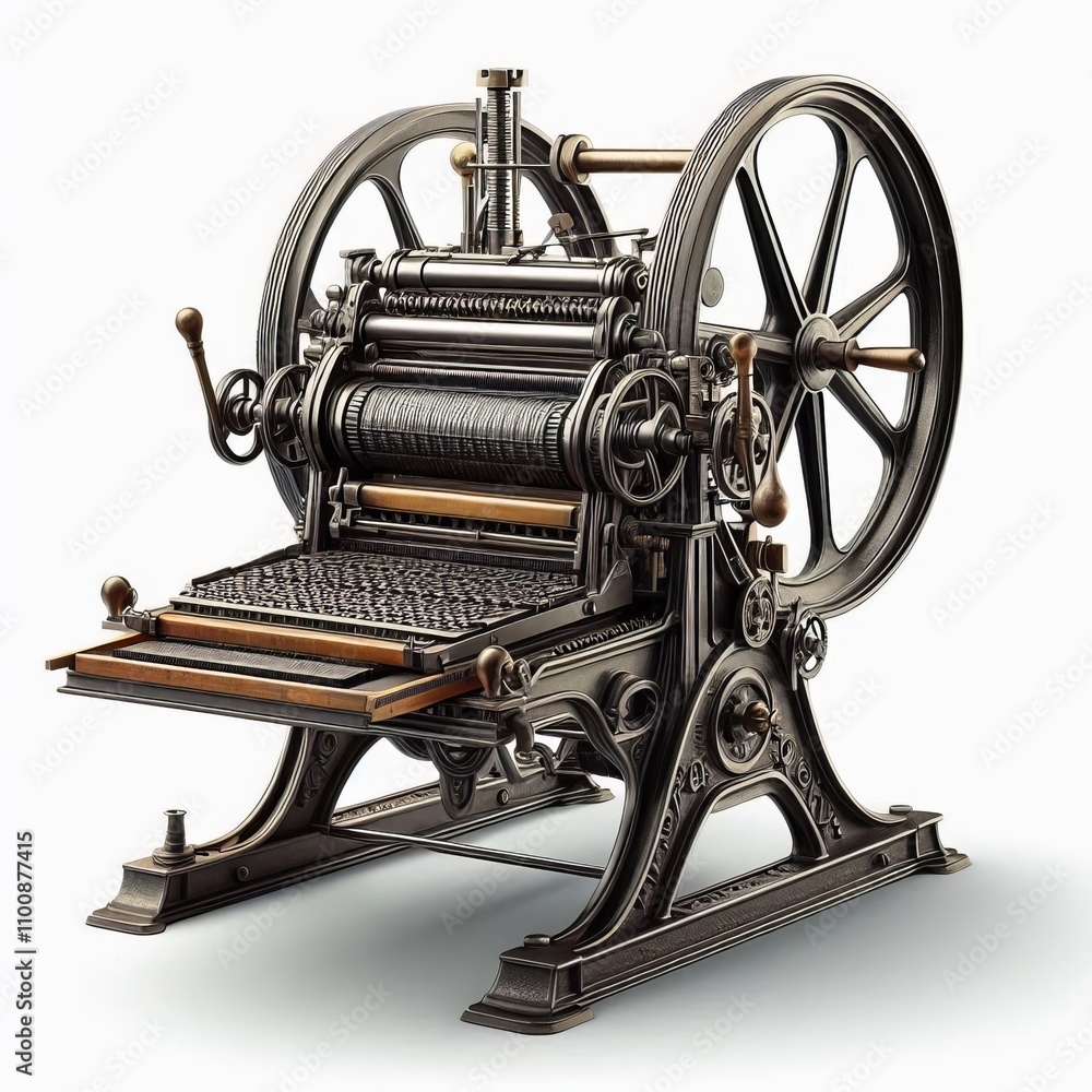 Antique printing press A cast iron printing press with a large f Stock ...