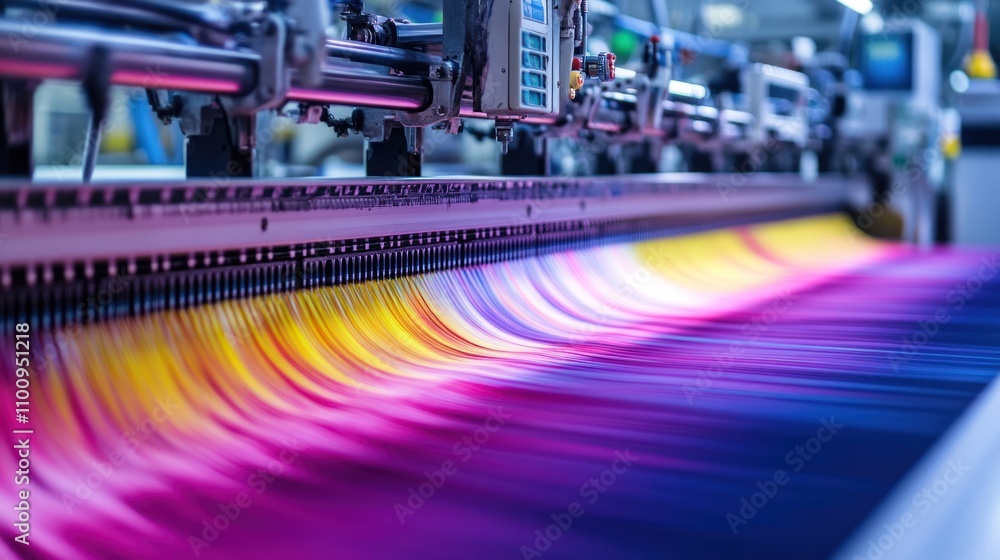 Screen printing machines creating colorful designs on fabric in a ...