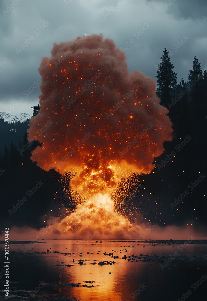 A massive explosion seen in the sky with fire and smoke Dramatic scene ...