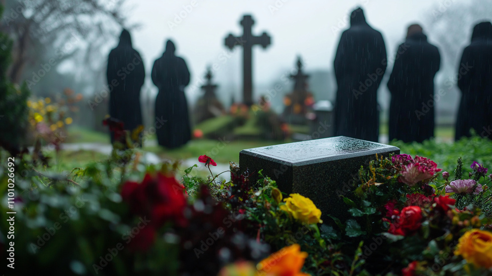 Funeral ceremony with people dressed in black standing around a ...