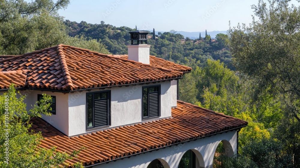 Red clay tile roof with rounded edges, featuring a black metal dormer ...
