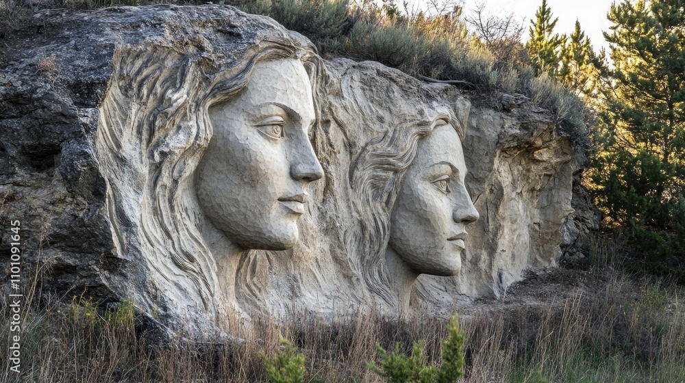 Carved stone portraits of two women with flowing hair, set against a ...