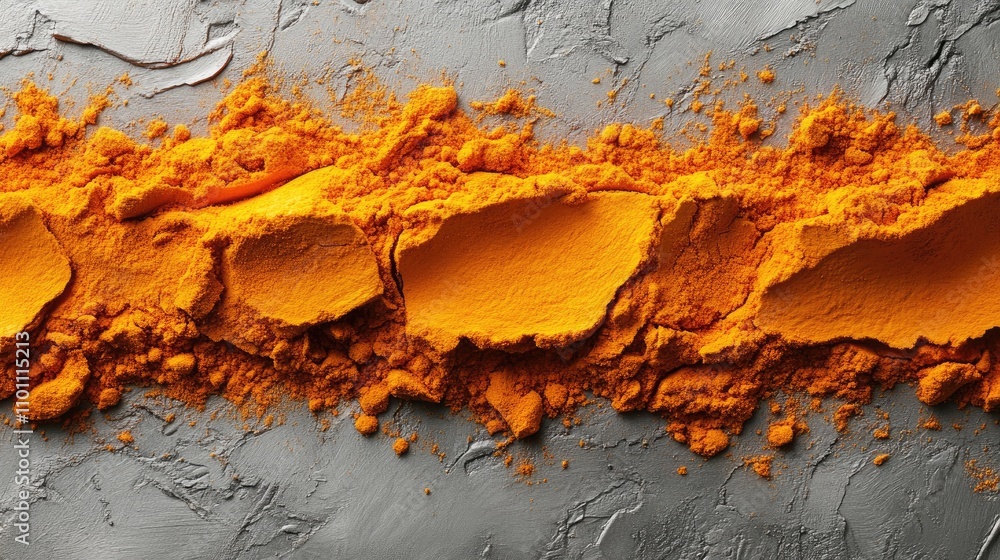 Vibrant dried turmeric powder spread across a textured gray background ...