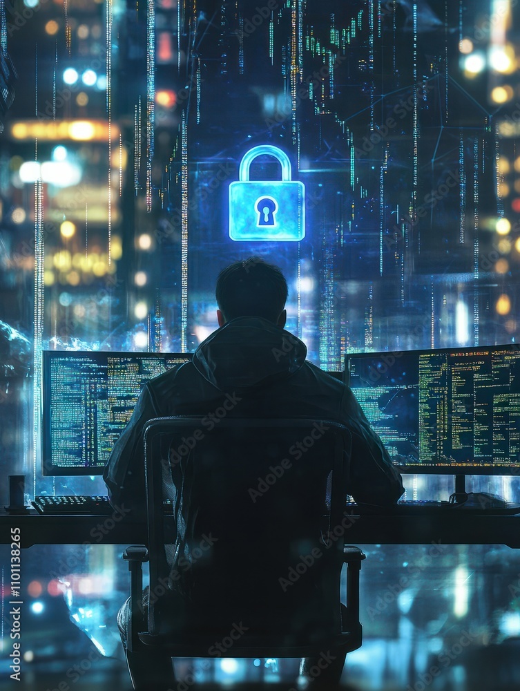 Foto de Back view of hacker at desktop using computers with glowing blue padlock hologram with ...