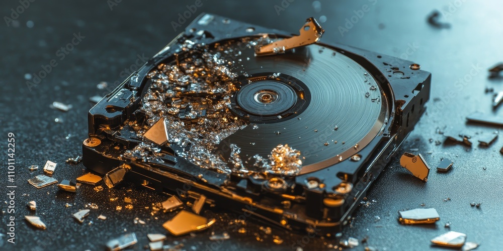 Damaged computer hard disk resting on a table, illustrating the concept ...