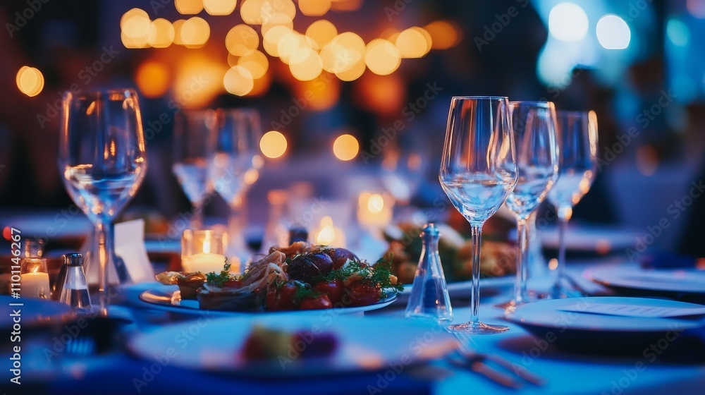 Elegant corporate event venue with upscale table settings and ambient ...
