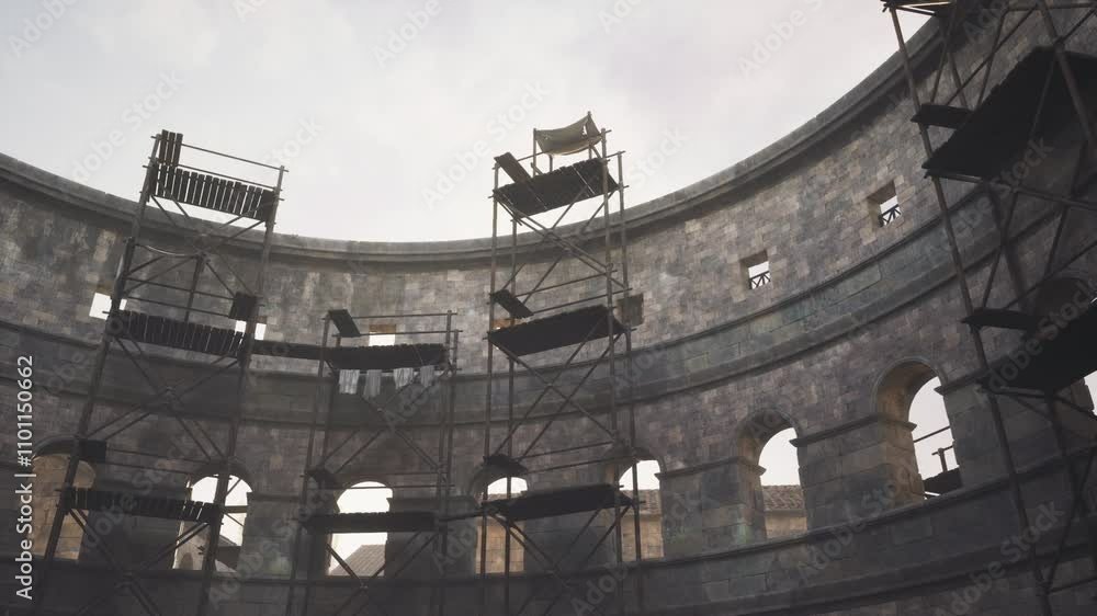Scaffolding supports construction work within an ancient stone ...