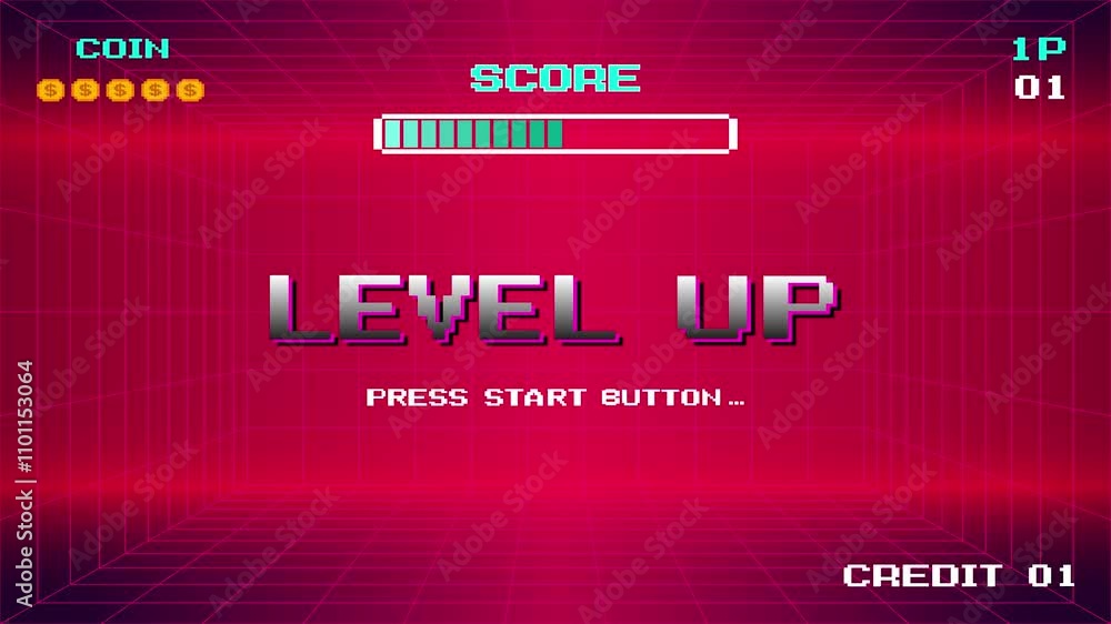 LEVEL UP. pixel art. Retro Futurism Sci-Fi Background. glowing neon ...