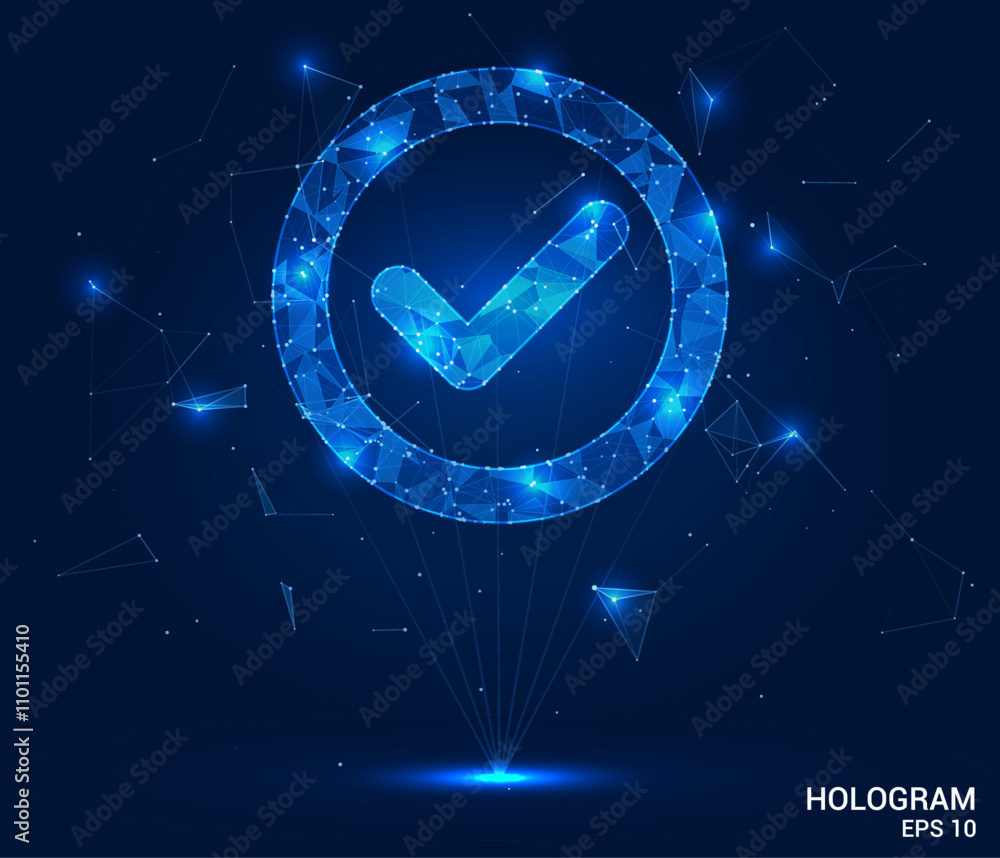 Hologram check mark. Check mark made of polygons, triangles, dots, and ...