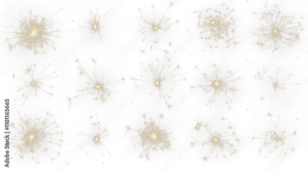 collection, grid, group - many golden fireworks bursting on transparent ...