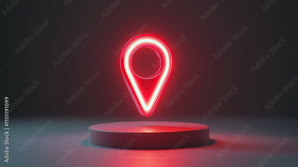 Neon red location pin symbol stands as a glowing marker. A futuristic ...
