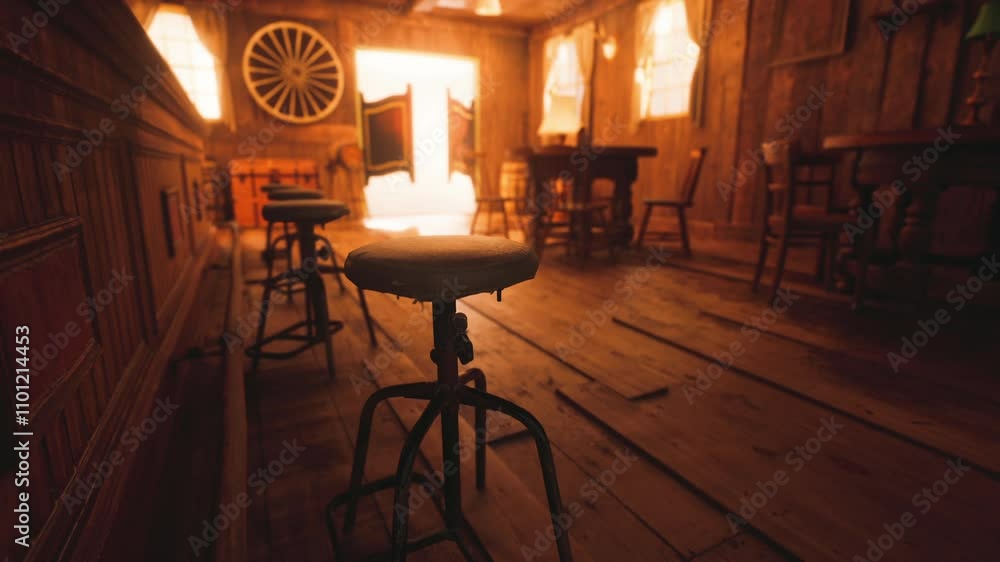 The interior of a rustic saloon features wooden stools and a warm ...