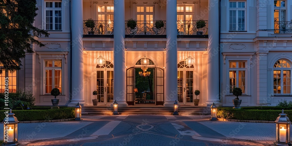 Elegant neoclassical villa with tall white pillars, grand double doors ...