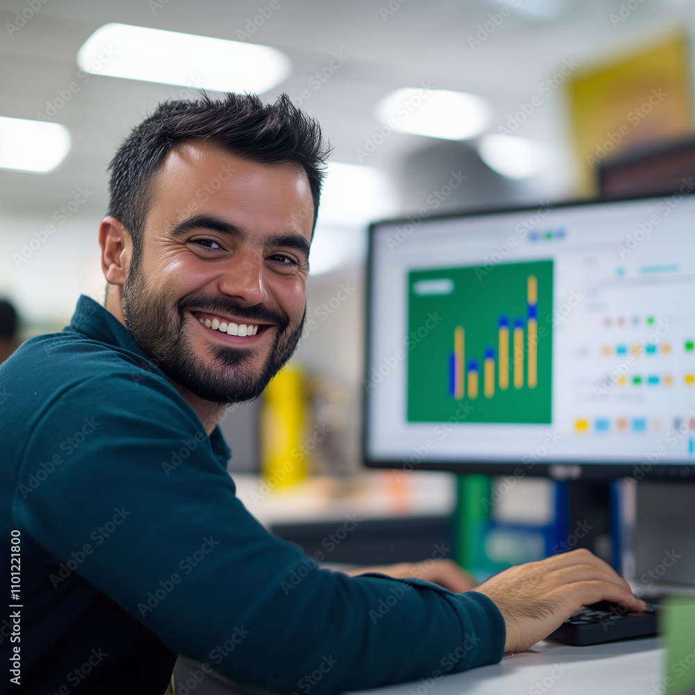 Un técnico de soporte sonriendo mientras ayuda a un cliente a través de ...