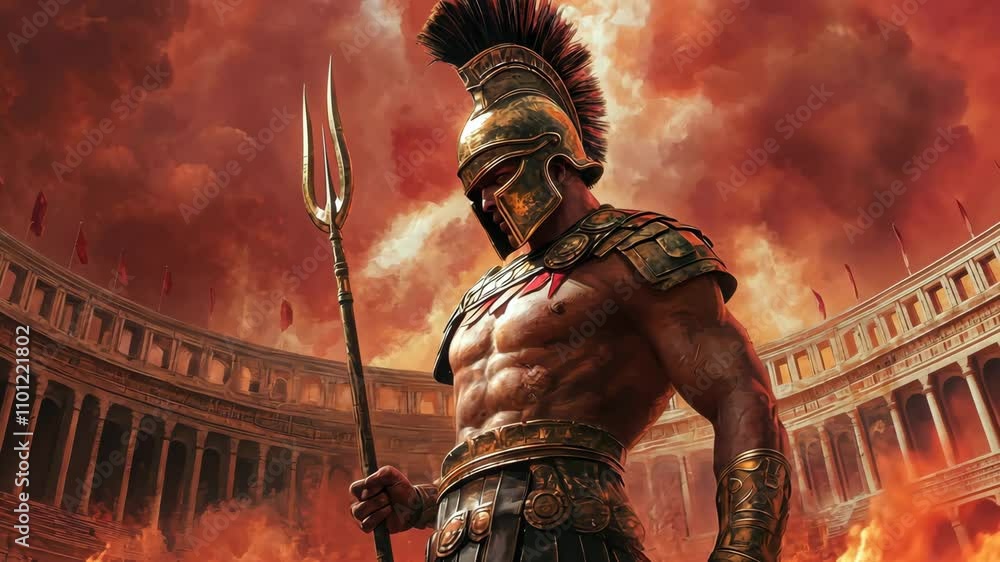 Gladiator wearing a loincloth and a bronze helmet, holding a trident ...