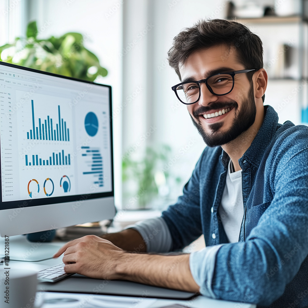 Un técnico de soporte sonriendo mientras ayuda a un cliente a través de ...