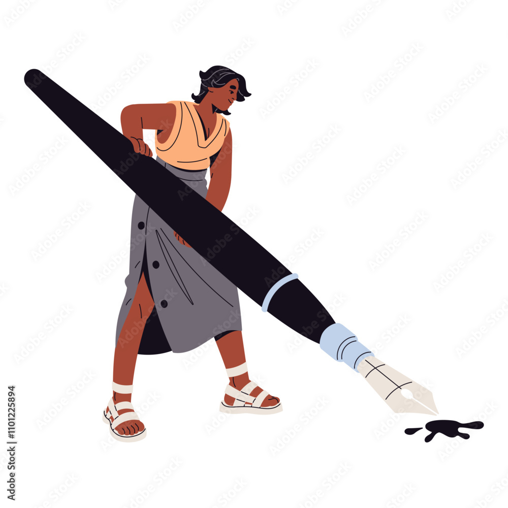 Happy girl writing with fountain pen. Young woman did ink blot during ...