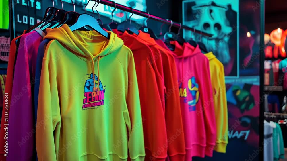 Hoodies in bright neon colors and edgy designs hanging on plastic ...