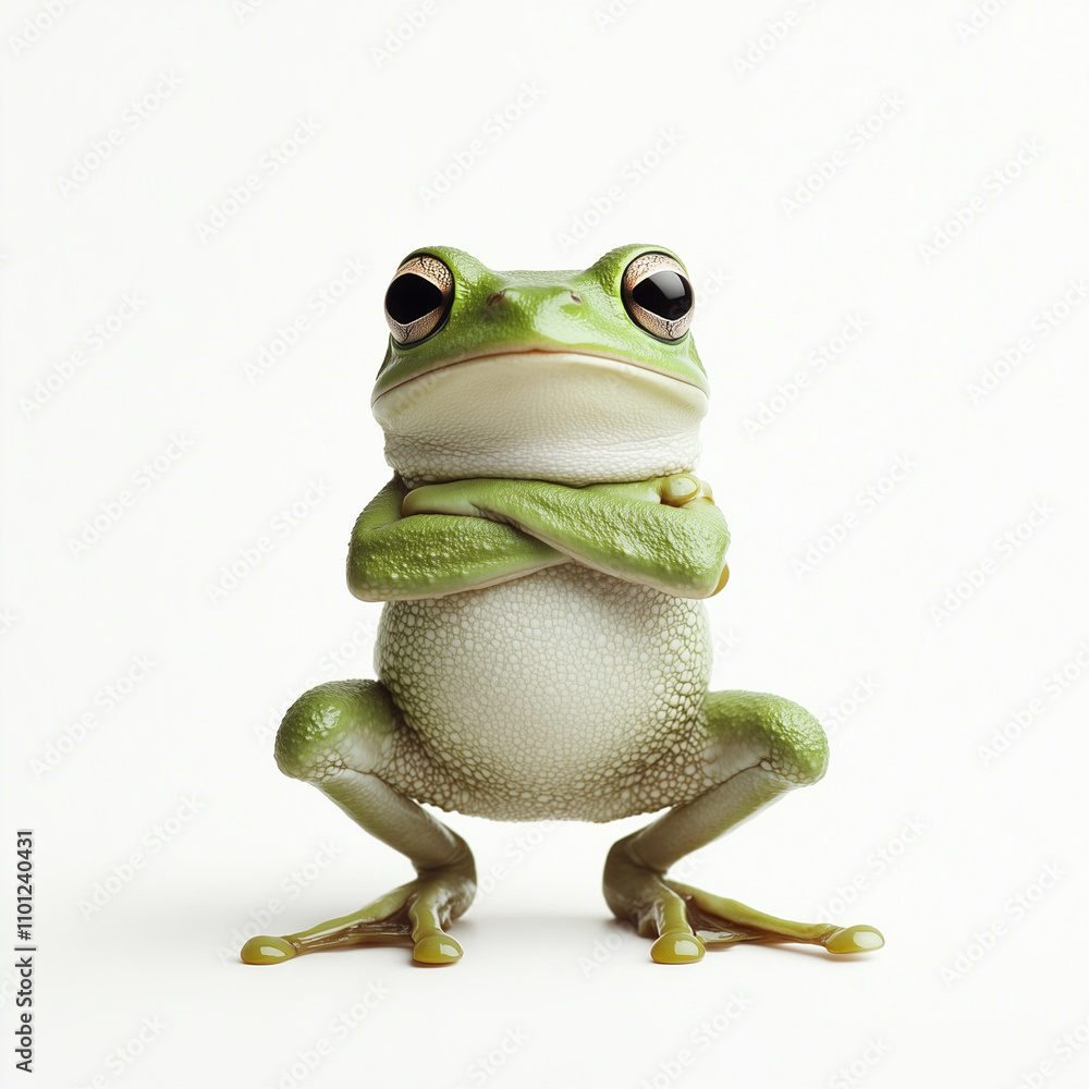 frog stands upright on two feet with its hands folded in front of its ...