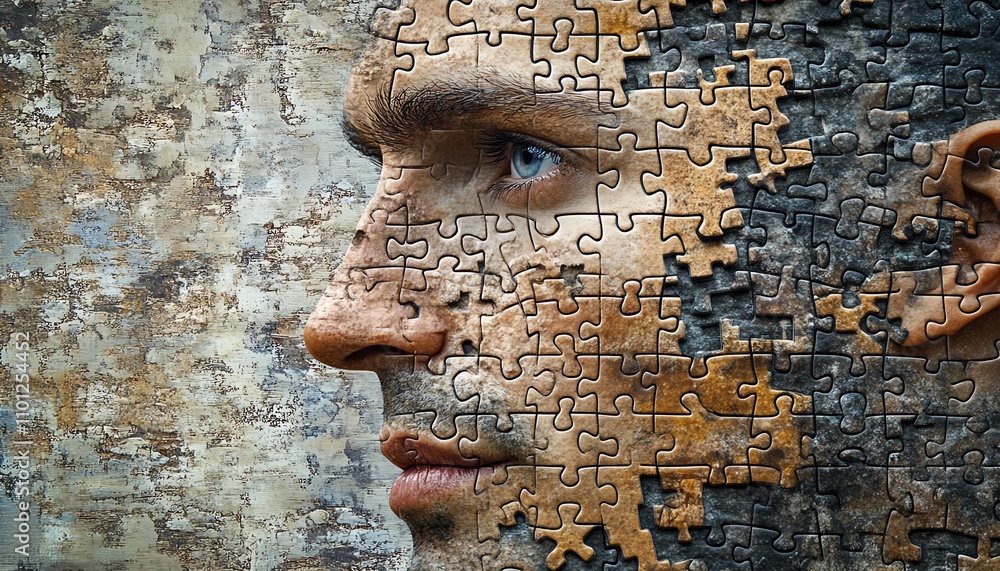 Surreal image of a man s face composed of jigsaw puzzle pieces, with a ...