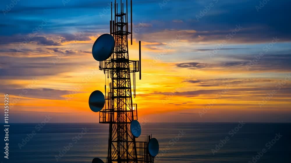 Silhouette of a telecommunication tower Antenna and satellite dish as ...