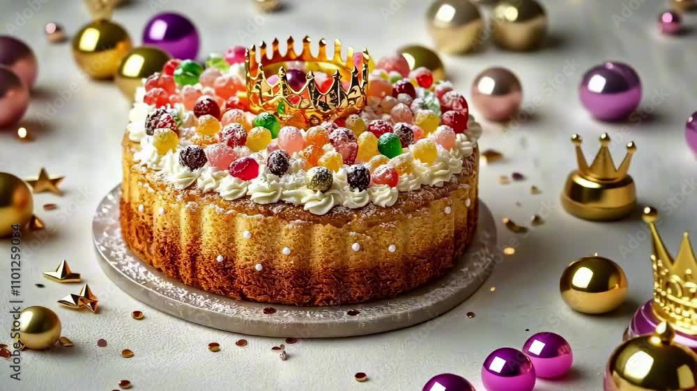 Video „Traditional Rosca de Reyes cake with a gold crown and vibrant ...