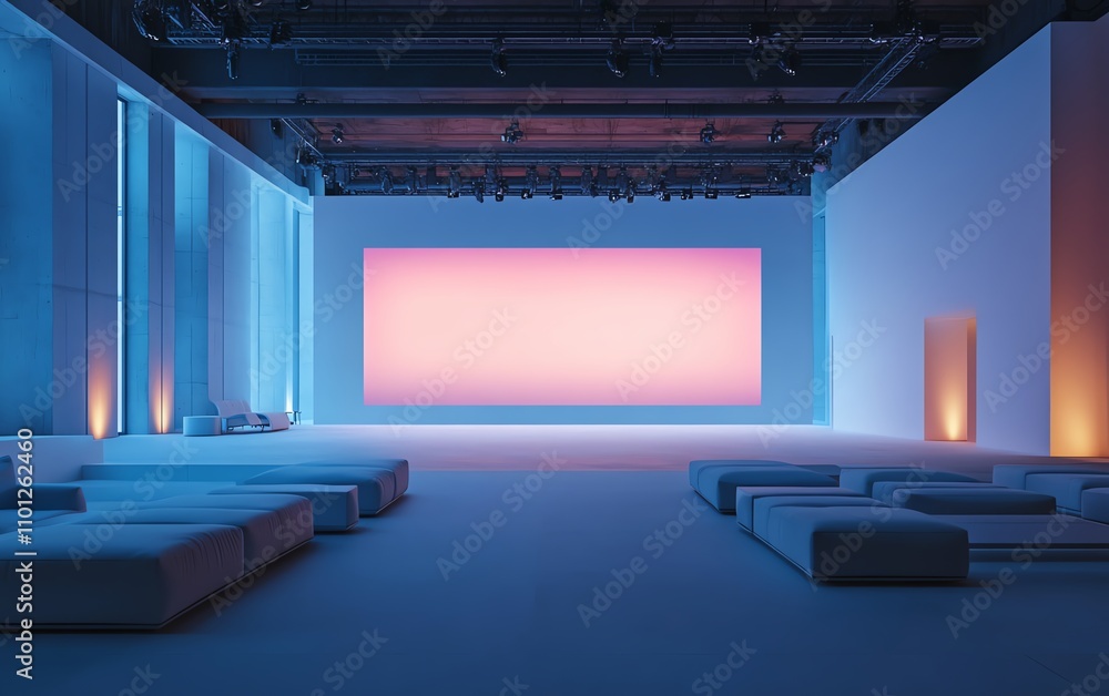 Contemporary event venue, wide blank LED screen, artistic seating ...