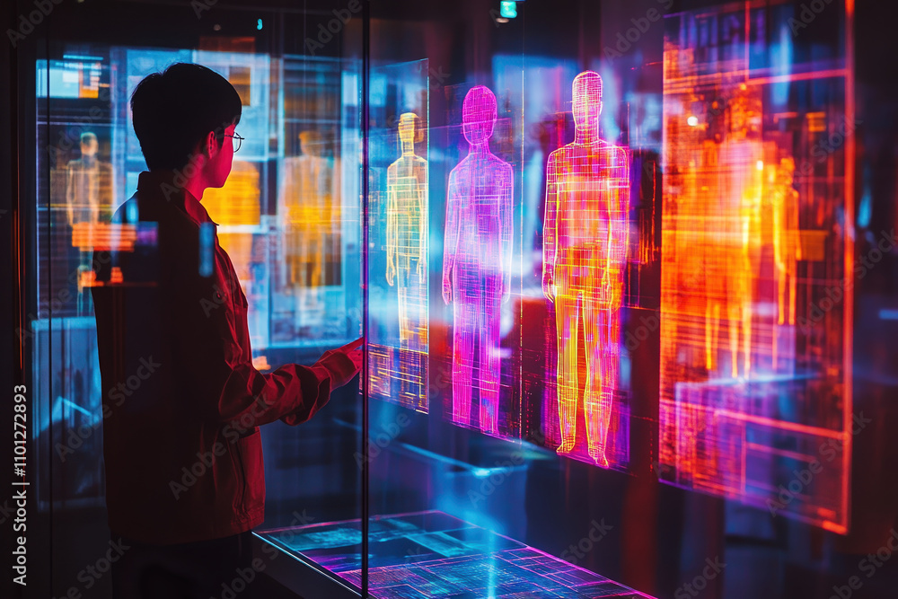 Woman exploring vibrant holographic display futuristic technology ...