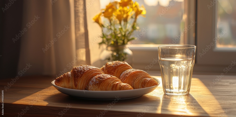 Plate of golden croissants next to a glass of clear water on a sunlit wooden table, with a ...
