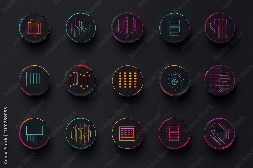 Collection of minimalist icons featuring circuitry and silicon processor symbols for web ...
