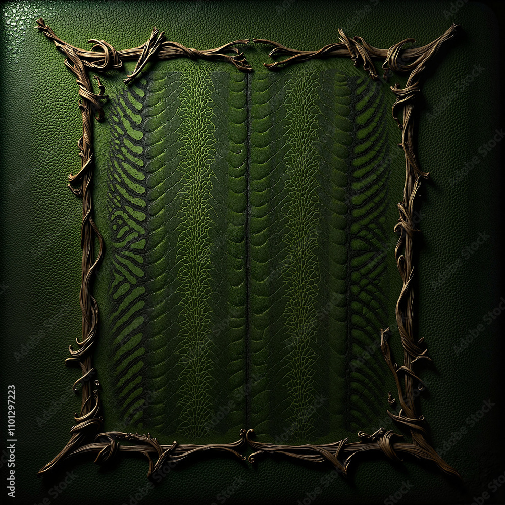 Textured snakeskin background in deep green dark tones with a frame of ...