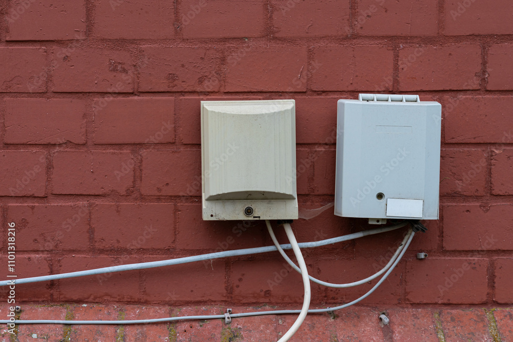 Wall-mounted electrical supply boards installed in urban setting Stock ...