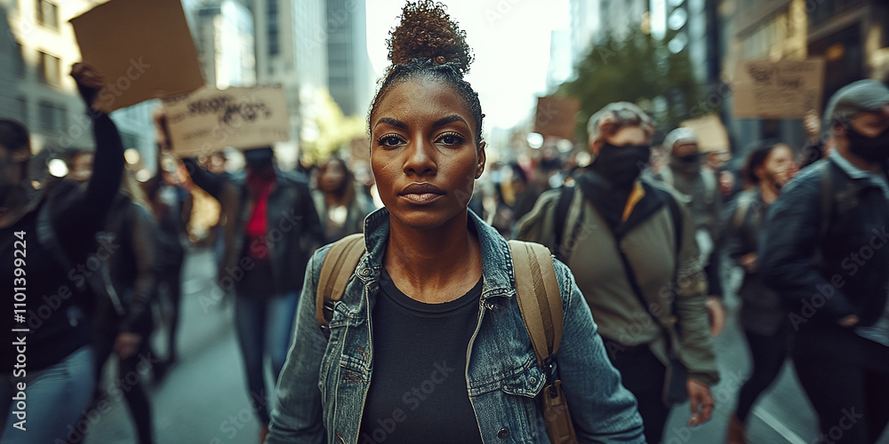 A determined Black woman marching in protest with a diverse group ...
