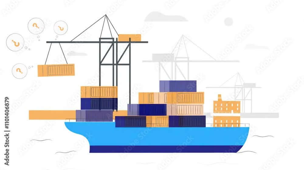 2D animation of industrial container cargo freight ship for import or ...