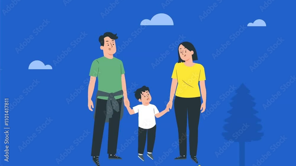 Animated parents hugging child. Showing affection. Half body flat ...