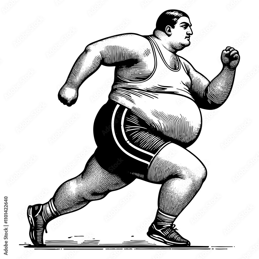 overweight body positive runner with fat belly, mid-stride, showcasing ...